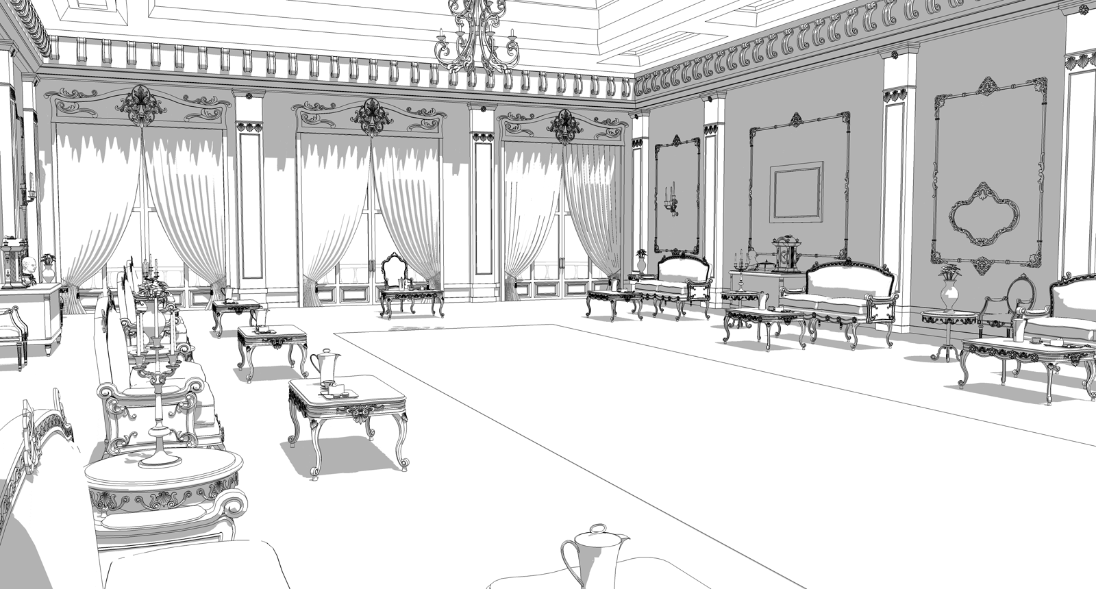 Romantic Fantasy Style Mansion Drawing Room Interior