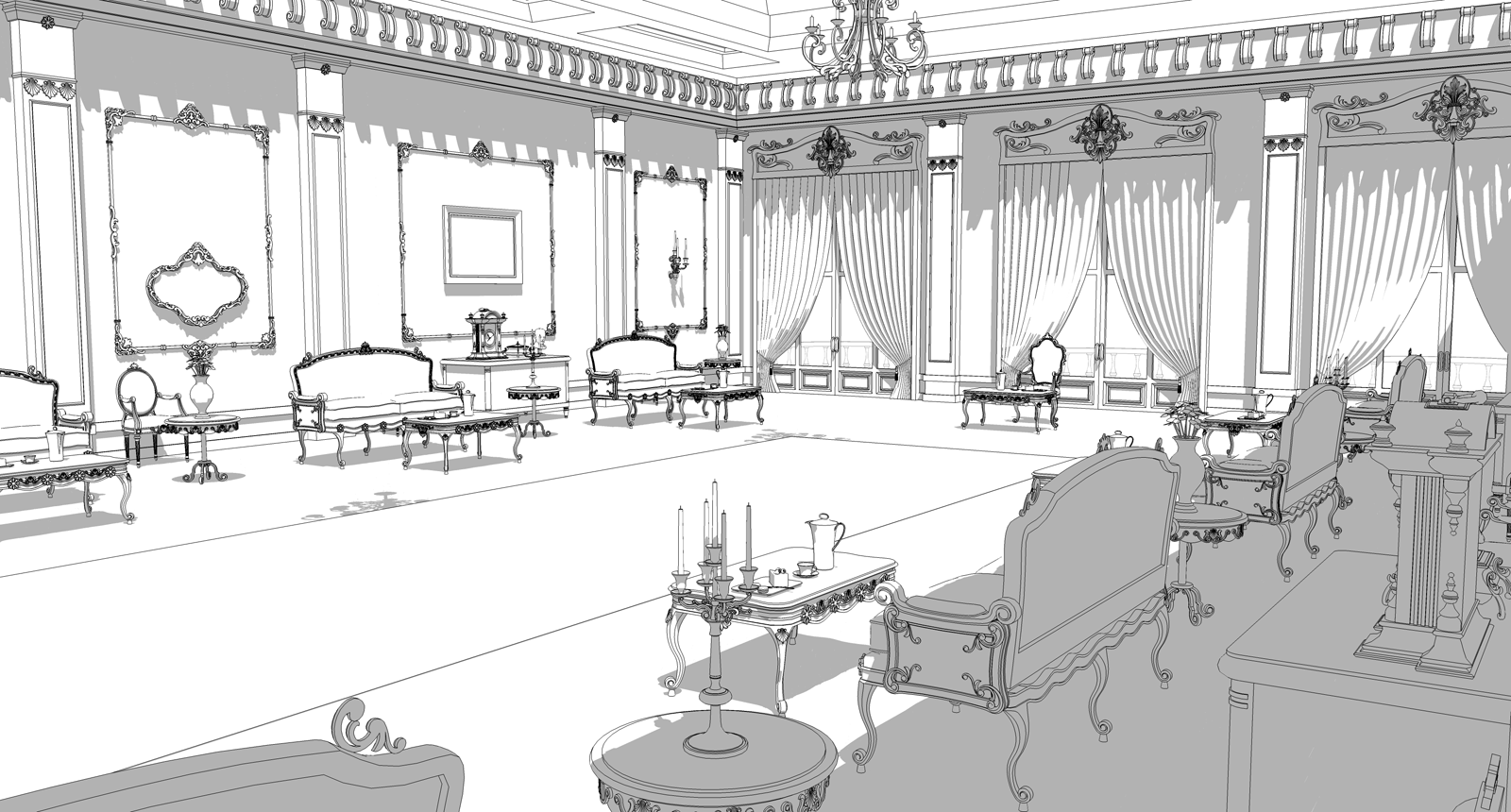 Romantic Fantasy Style Mansion Drawing Room Interior