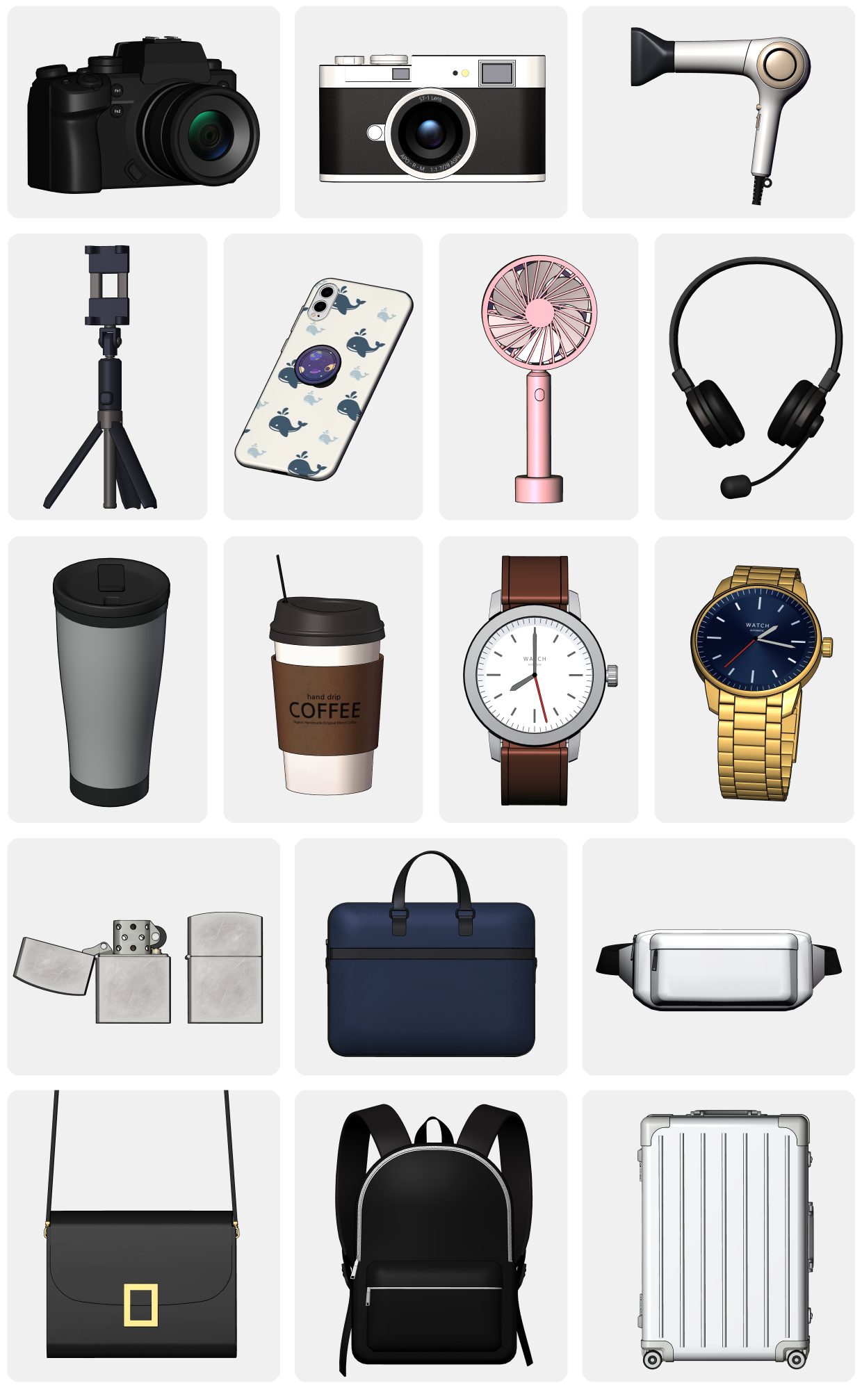 Clip Studio 3D Props Set - Cameras, Watches, Bags and More
